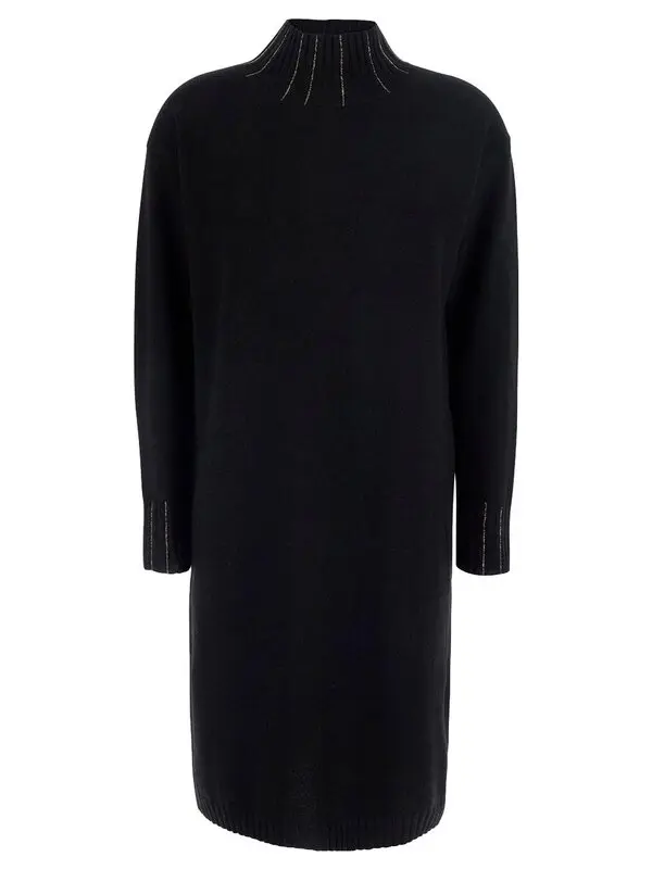 Fabiana Filippi High-collar Rhinestone-embellished Wool-silk Cashmere Dress With Long Sleeves - Black