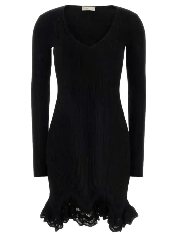 Blumarine Ribbed-knit Ruffled Mini Dress - Black