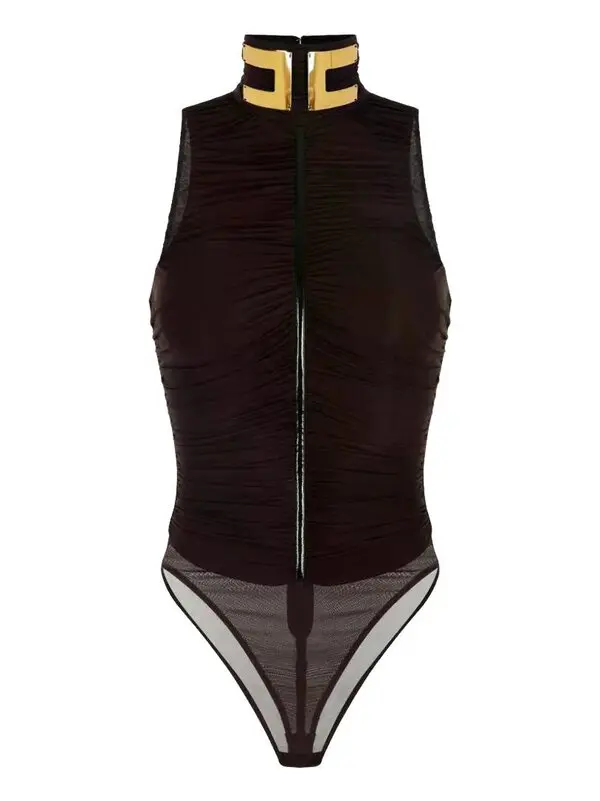 Elisabetta Franchi Bodysuit In Stretch Jersey Fabric With Jewel Collar - Brown
