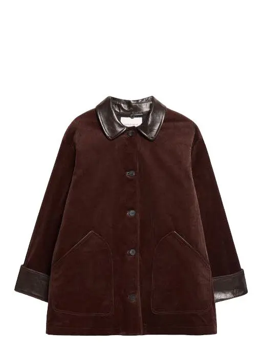 Lafayette 148 New York Leather Trim Cotton Stretch Corduroy Car Coat - Truffle