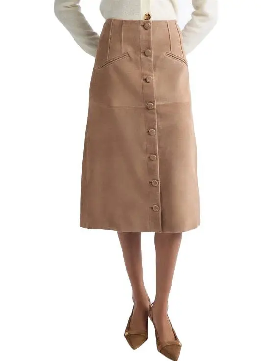 Veronica Beard Callisian Suede Midi Skirt - Bark