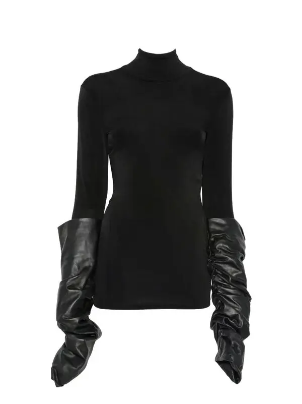 DARKPARK Camie Gathered Leather-sleeve Top - Black