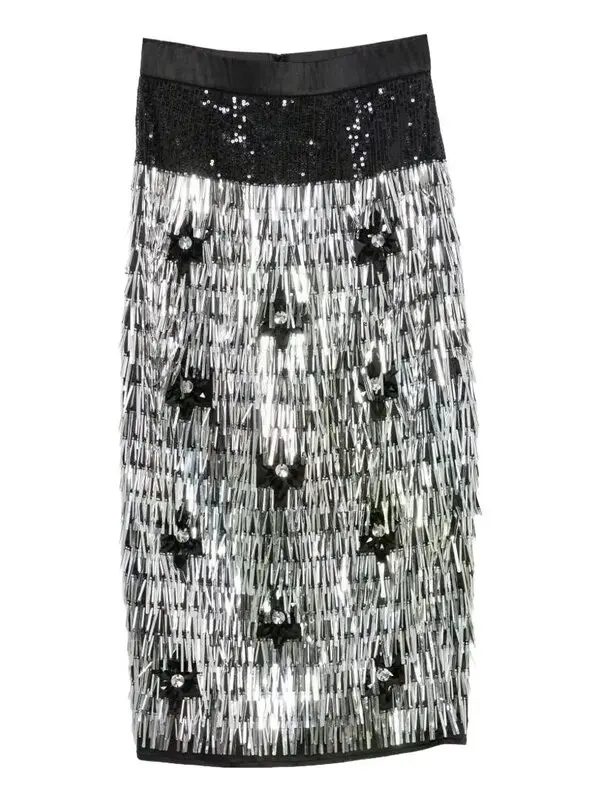 CIRCUS HOTEL Sequin-embellished Fringed Midi Skirt - Silver