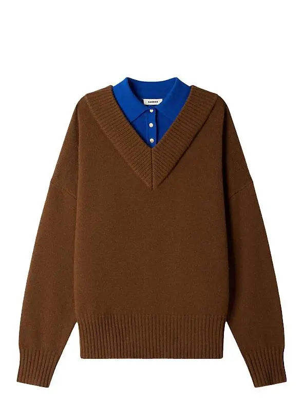 Sandro Collared Two-in-one Wool And Cashmere-blend Jumper - Camel