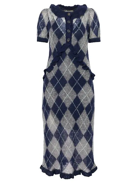 SHUSHU/TONG Argyle-knit Short-sleeve Wool-blend Midi Dress - Plaid