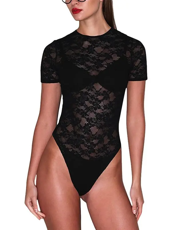 FLEUR DU MAL Le Stretch Lace Short Sleeve Bodysuit - Black