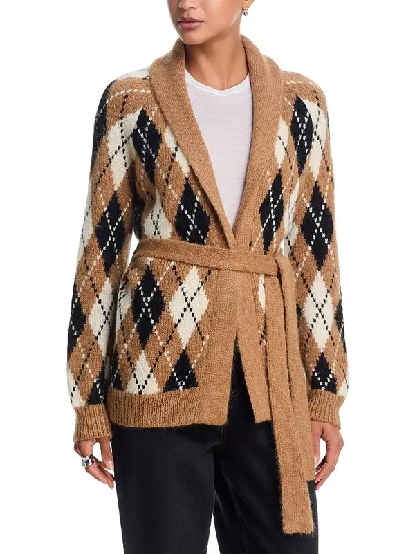 The Great. The Argyle Riding V Neck Cardigan Sweater - Camel