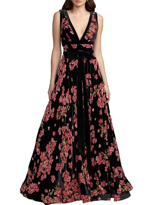 Mac Duggal Floral Velvet Ball Gown With Bow - Black Multi