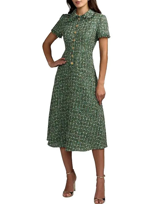 Mac Duggal Boucle Short Sleeve Button Up Midi Dress - Emerald Multi