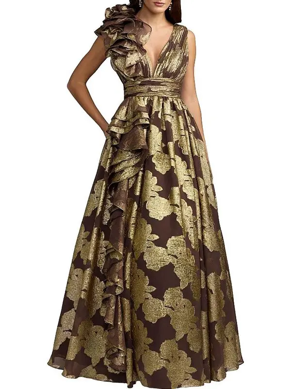 Mac Duggal Metallic V-neck Ruffle Detail Ball Gown - Chocolate