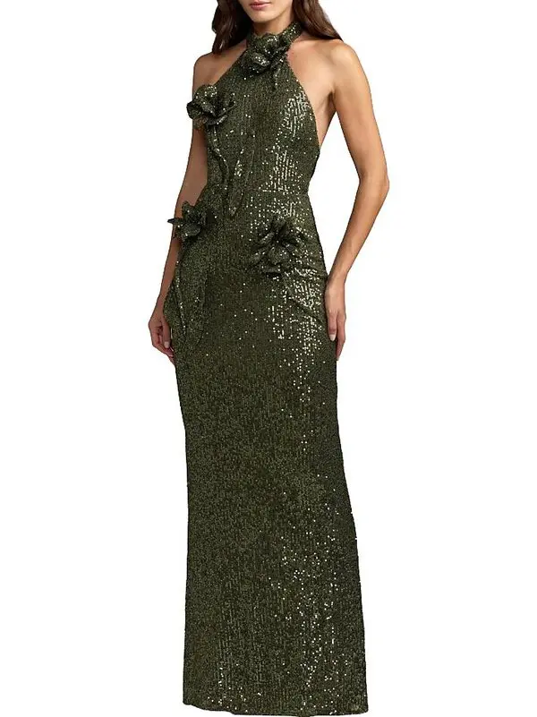 Mac Duggal Halter Neck Sequin 3d Flower Column Gown - Olive