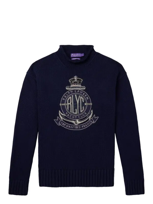 Ralph Lauren Purple Label Logo-appliquéd Cotton-blend Sweater - Blue