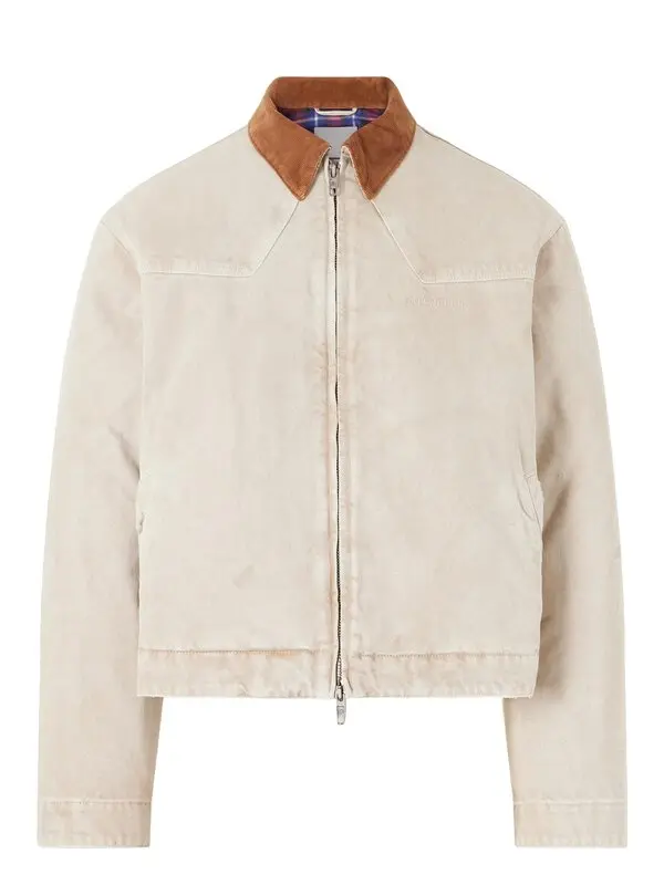 Balenciaga Logo-embroidered Corduroy-trimmed Paint-splattered Denim Jacket - Neutrals