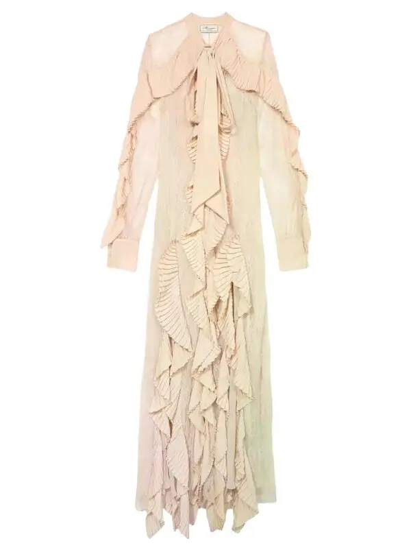 Blumarine Georgette Lace Pleated-flounce Maxi Dress - Neutrals
