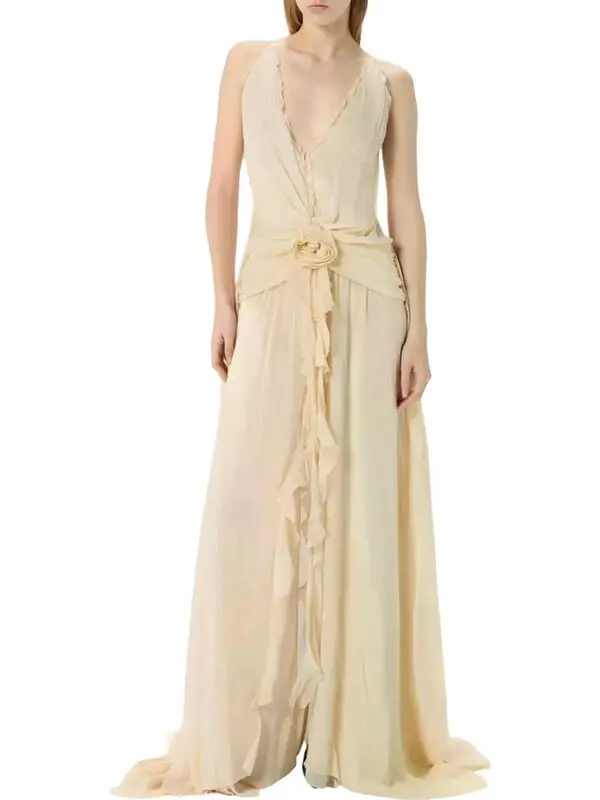 Blumarine Rose-detail Flounced Maxi Dress - Neutrals