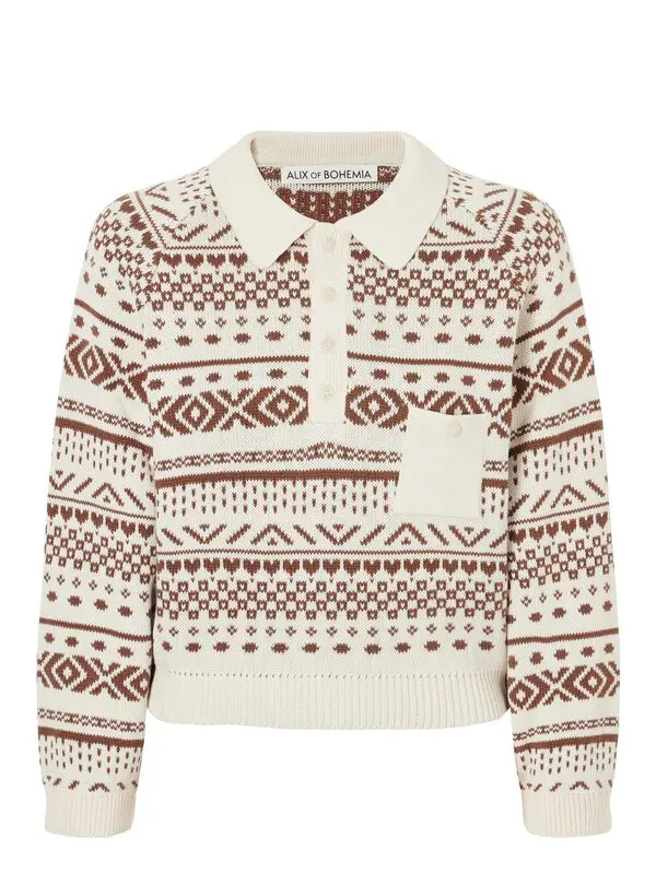 Alix Of Bohemia Liza Frost Fair Isle Cotton Polo Sweater - Neutrals