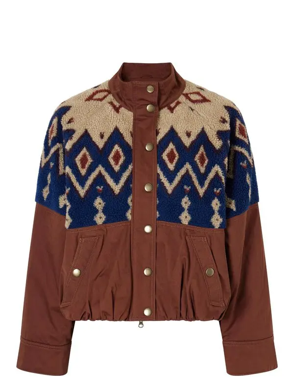 Veronica Beard Knoll Gathered Fair Isle Fleece-trimmed Cotton-twill Jacket - Multi