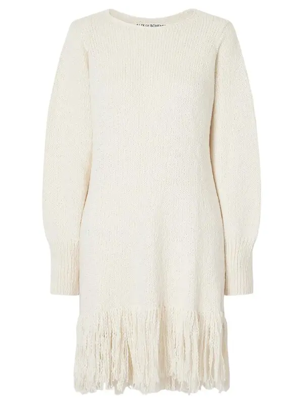 Alix Of Bohemia Renny Fringe-detailed Open-knit Cotton Mini Dress - Neutrals