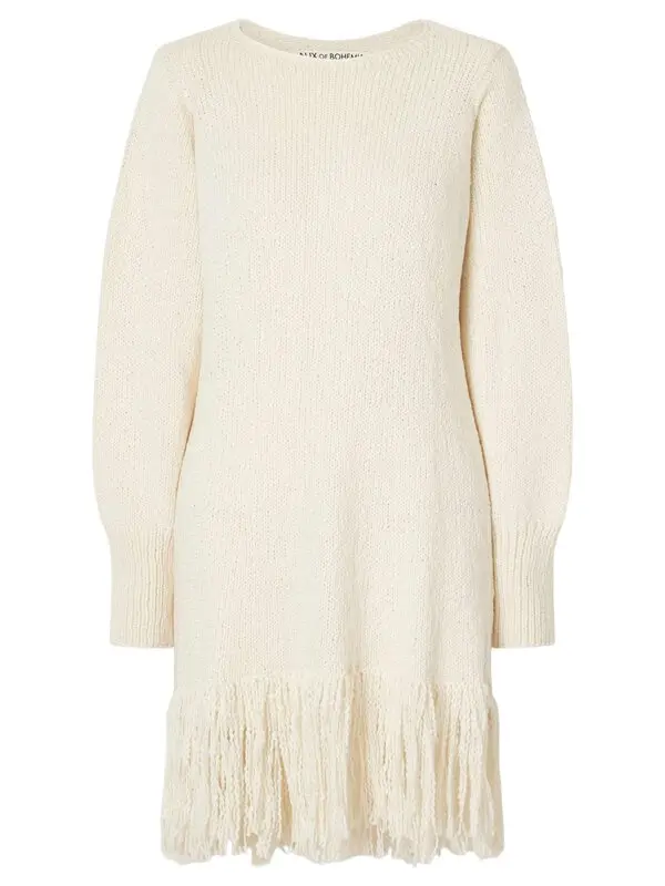 Alix Of Bohemia Renny Fringe-detailed Open-knit Cotton Mini Dress - Off-white
