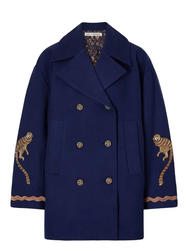 Alix Of Bohemia Rivoli Bead-embellished Embroidered Double-breasted Wool-twill Coat - Blue