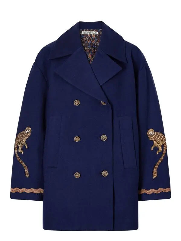 Alix Of Bohemia Rivoli Embroidered Double-breasted Wool-twill Coat - Navy