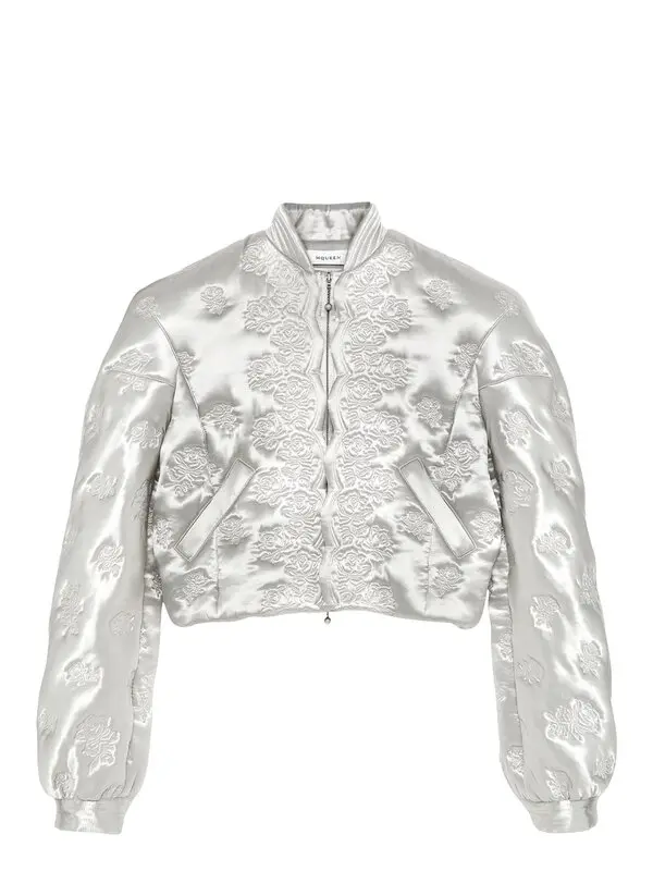 Alexander McQueen Satin Embroidered Bomber Jacket - Grey