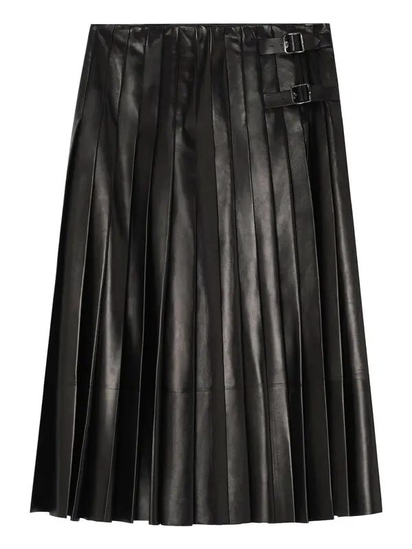 Burberry Leather Pleated Midi Skirt - Black