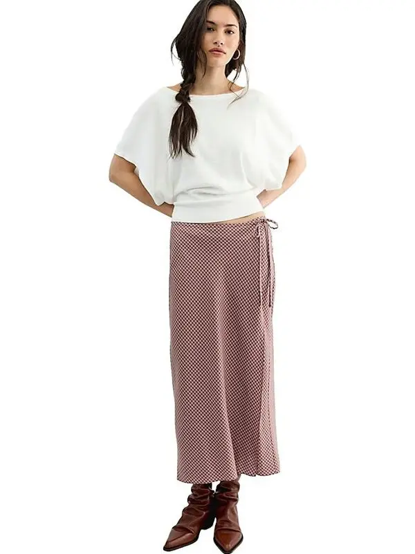Donni. Tencel Plaid Tie Wrap Skirt - R/espresso Plaid