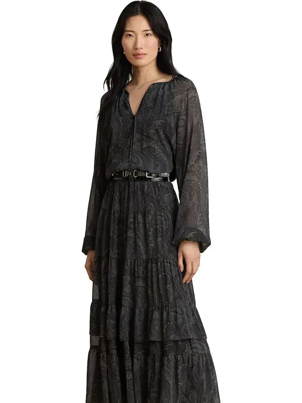 Ralph Lauren Paisley Crinkle Georgette Tiered Dress - Grey Multi