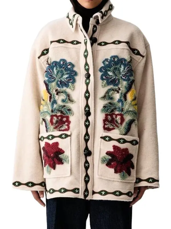 Farm Rio Floral-embroidered Button-up Jacket - Light Brown