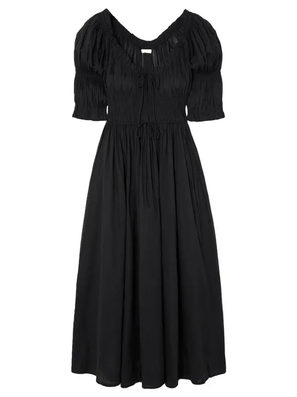 DÔEN Ischia Shirred Organic Cotton-voile Midi Dress - Black