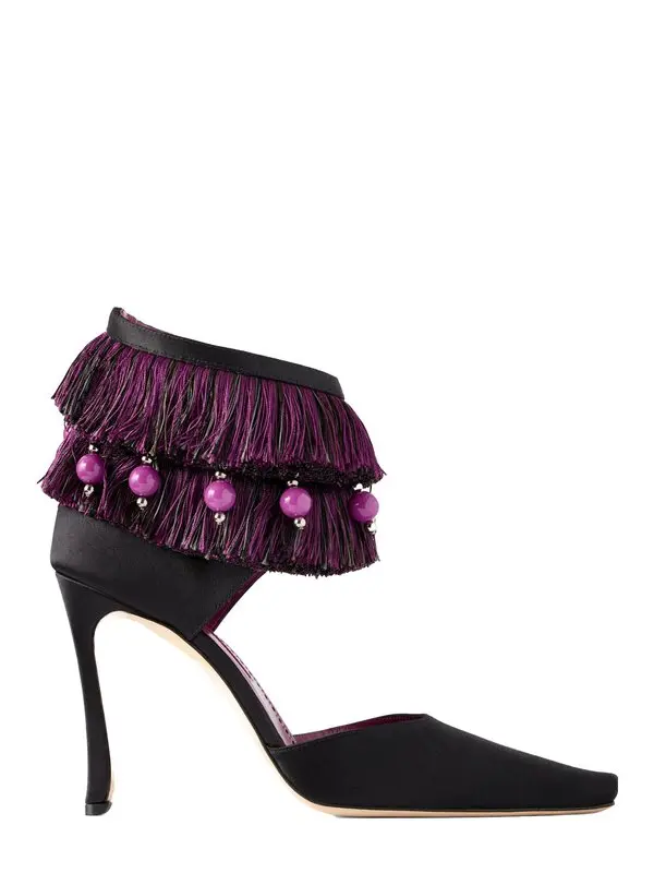 Manolo Blahnik Fringed Bead-embellished Satin Pumps - Black
