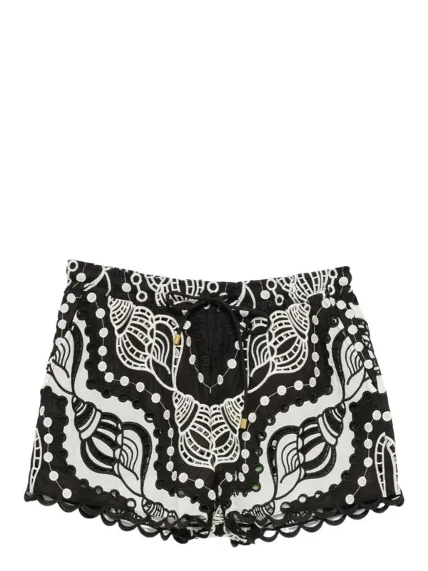 Farm Rio Scallop-edge Seashell-print Shorts - Black