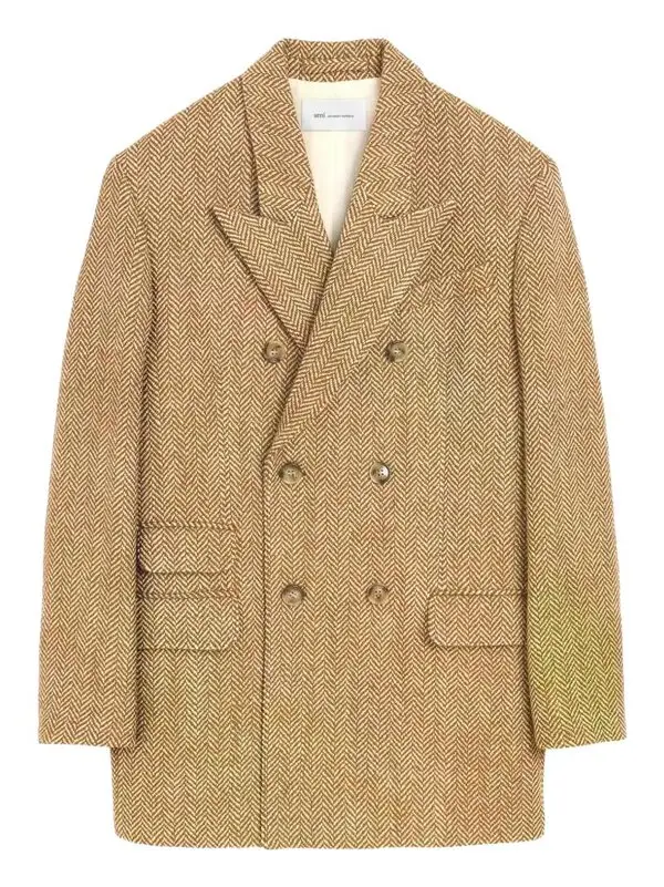 AMI Paris Brown Double Breasted Herringbone Wool Blazer - Neutrals