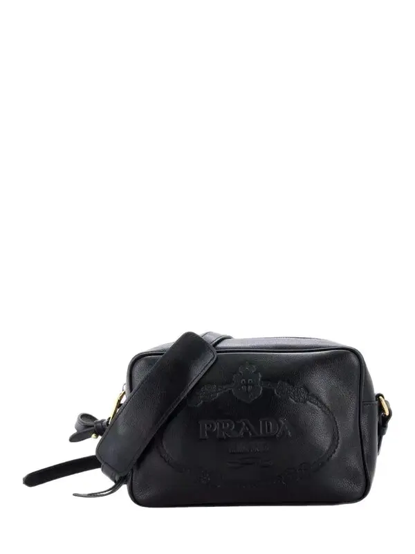 Prada Logo Camera Bag Embossed Leather Small Crossbody Bag - Black