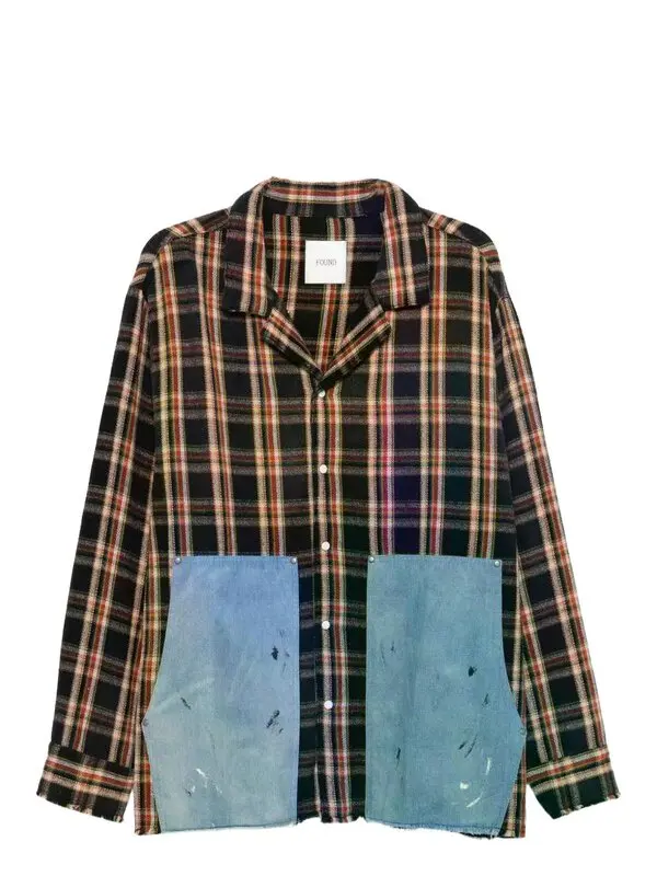 FOUND Check-print Denim-patch Shirt - Black
