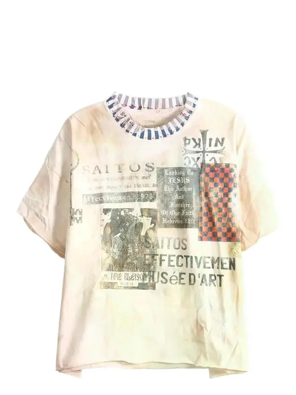 SAITOS Striped-neck Graphic-print T-shirt - Neutrals