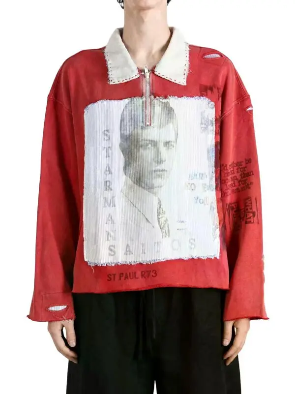 SAITOS Starman Quarter-zip Distressed Polo Shirt - Red