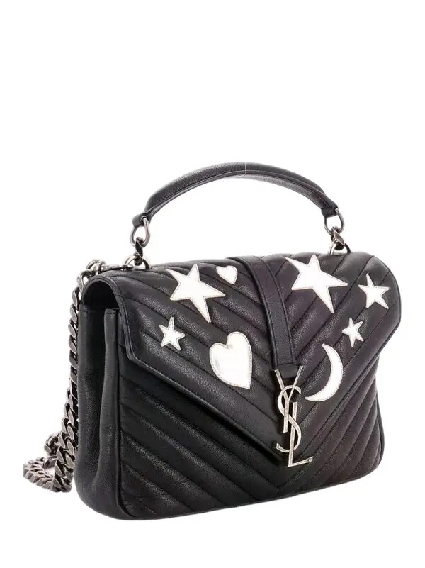 Saint Laurent Classic Monogram College Bag Embellished Matelasse Chevron Leather Medium Shoulder Bag - Black