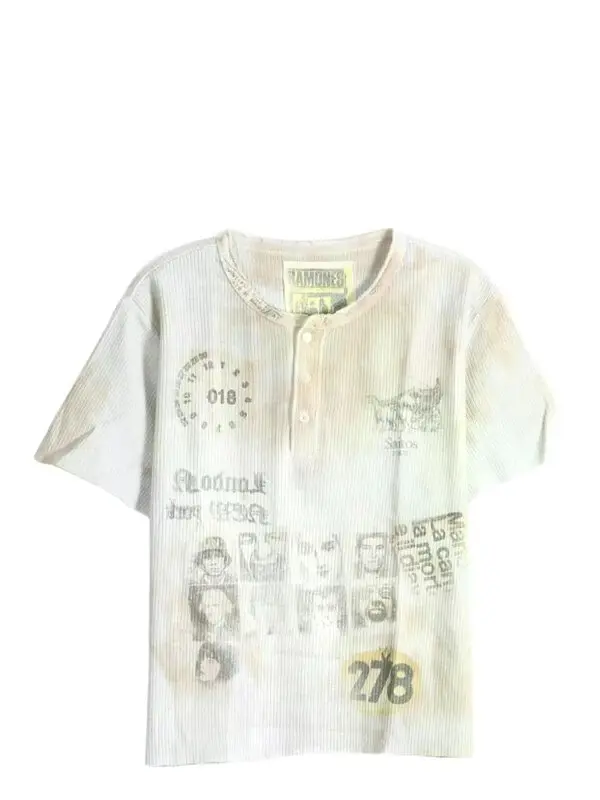 SAITOS Graphic-print Waffle-knit Henley T-shirt - Neutrals