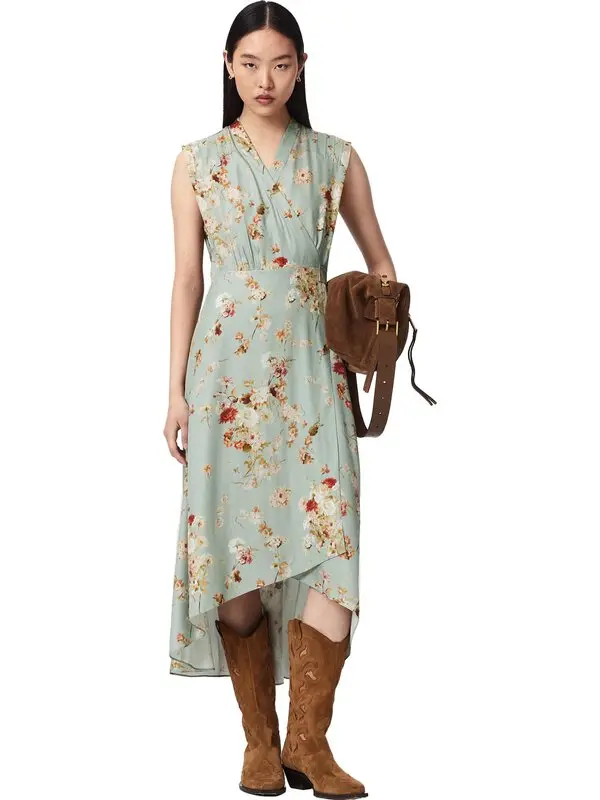 ALLSAINTS Mira Silk Blend Floral Midi Dress - Blue