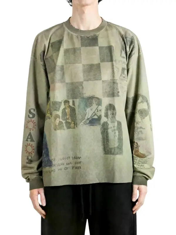 SAITOS Public Image Distressed Long-sleeve T-shirt - Green