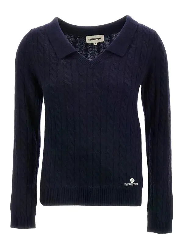 SHUSHU/TONG Cable-knit Polo-collar Sweater - Blue