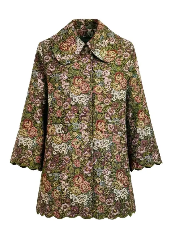 Farm Rio Floral-tapestry Scalloped-edge Coat - Green