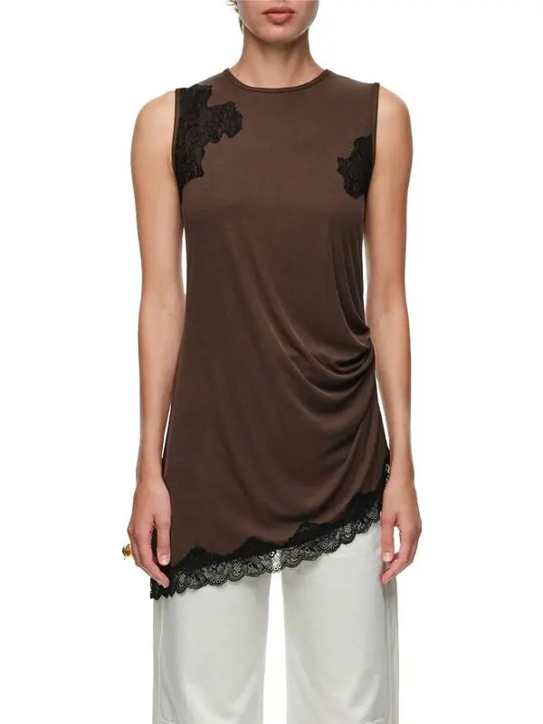 Bimba Y Lola Fluid Ribbed Lace Top - Chocolate