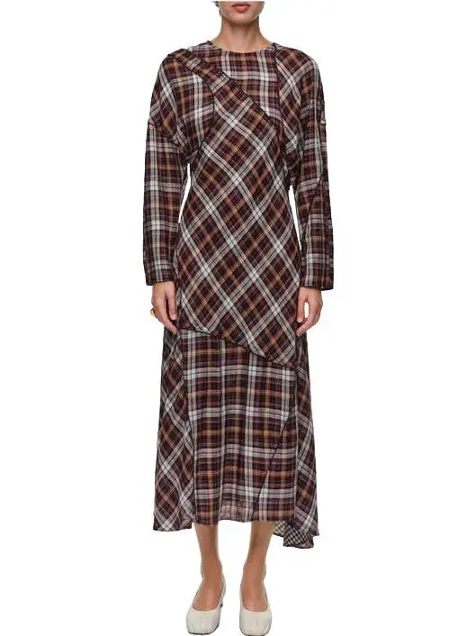 Bimba Y Lola Checked Patchwork Batwing Dress - Burgundy