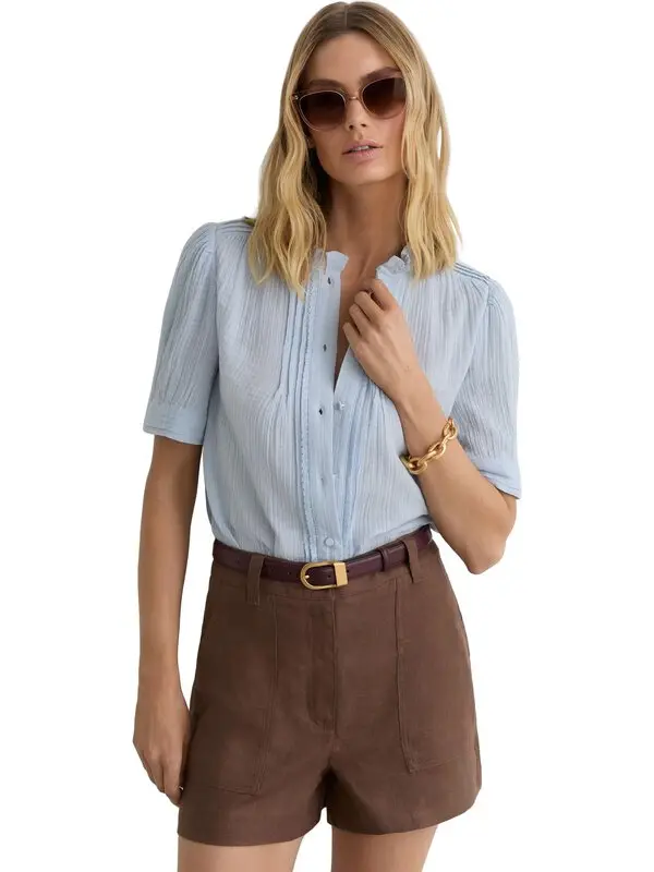 REISS Aurelia Cotton Cheesecloth Frill-neck Top - Light Blue