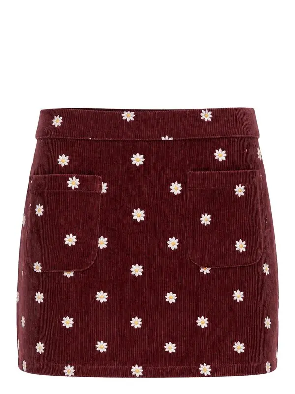 YUMI Daisy Embroidered Cord Mini Skirt - Brown