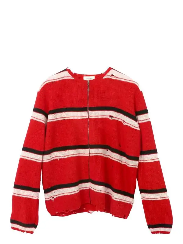 SECOND / LAYER Distressed Striped Cardigan - Red