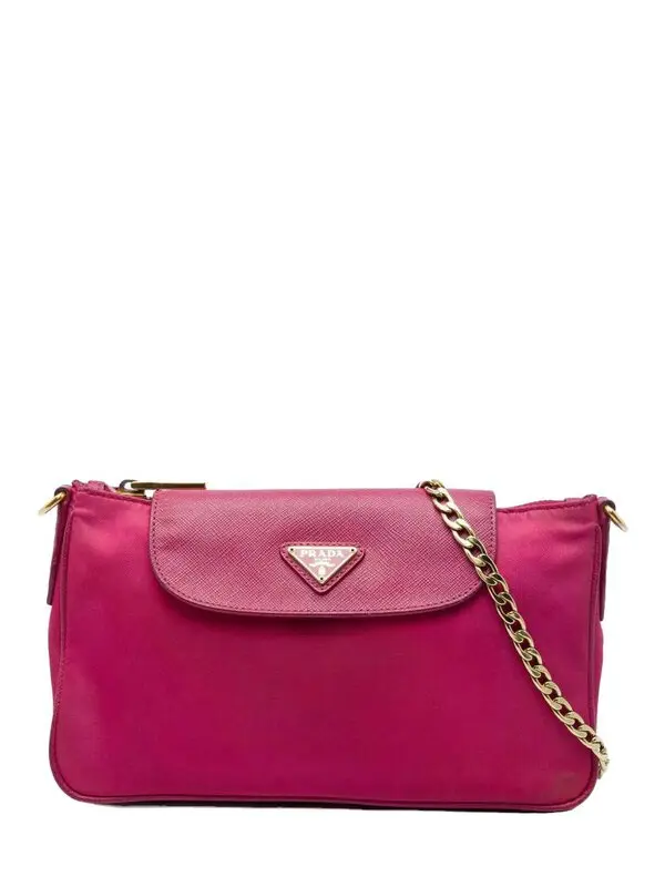 Prada 2000-2013 Saffiano Trimmed Tessuto Chain Crossbody Bag - Pink